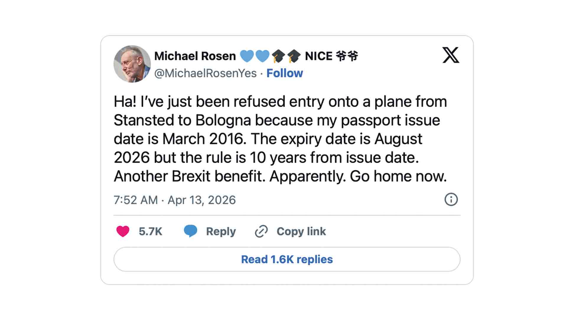 Michael Rosen misses Bologna Book Fair due to passport rules